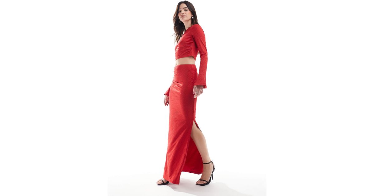 The Frolic Exclusive Hot Fix Column Maxi Skirt Co-Ord in Red | Lyst