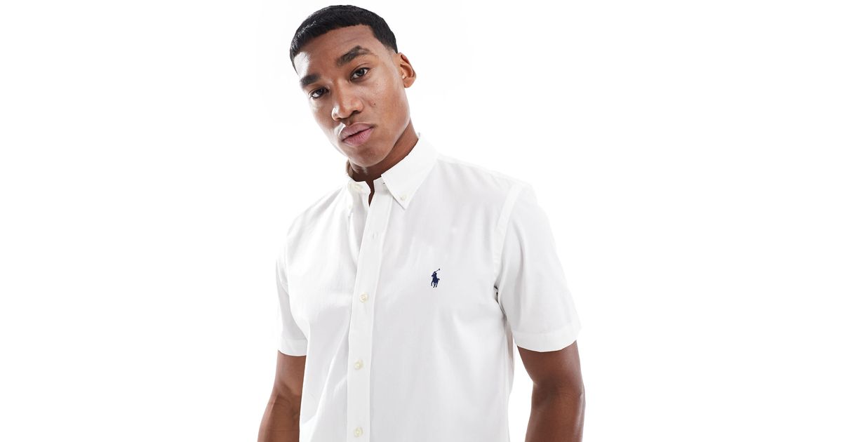 Polo Ralph Lauren Icon Logo Short Sleeve Poplin Shirt Custom Fit in White for Men | Lyst