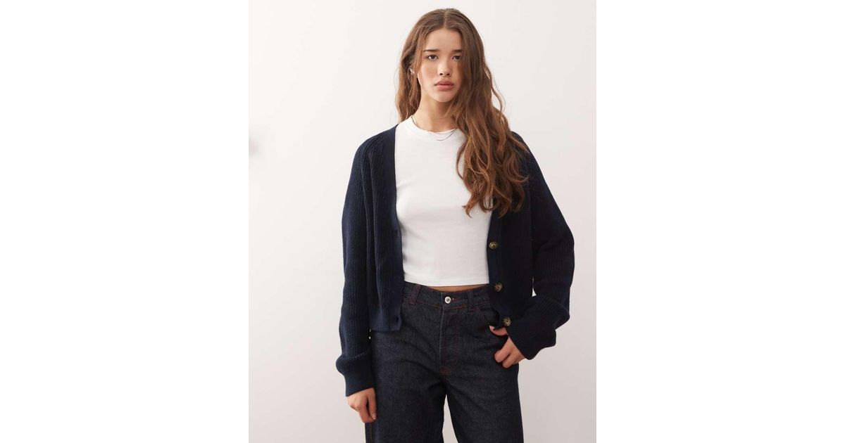 Monki Cropped Knit Cardigan in Blue | Lyst UK