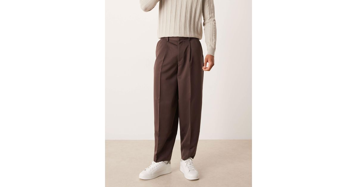 ASOS Smart Pleated Wide Barrel Leg Trousers in Brown for Men | Lyst