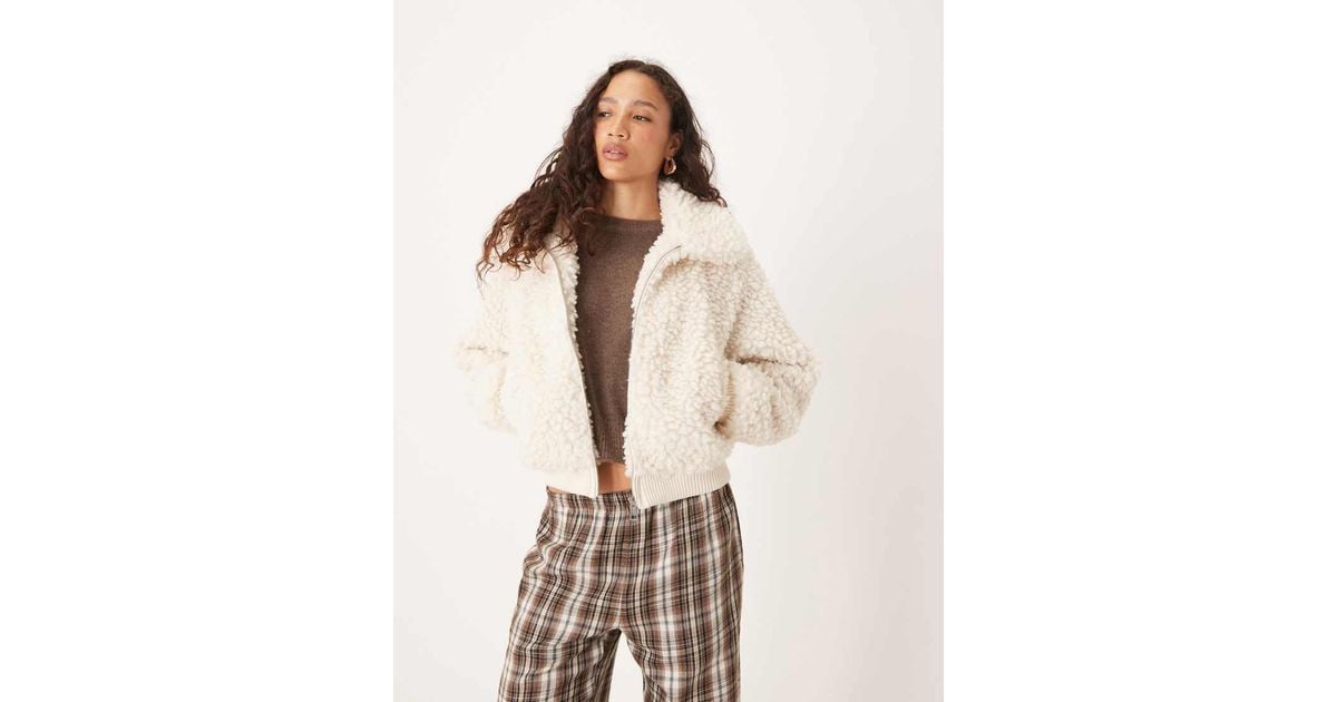Brave Soul Faux Shearling Bomber Jacket in Natural | Lyst UK