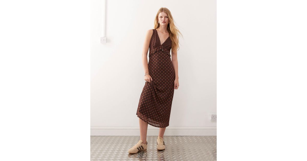 Reclaimed (vintage) Floaty Midi Dress With Ruffle Detail in Brown | Lyst