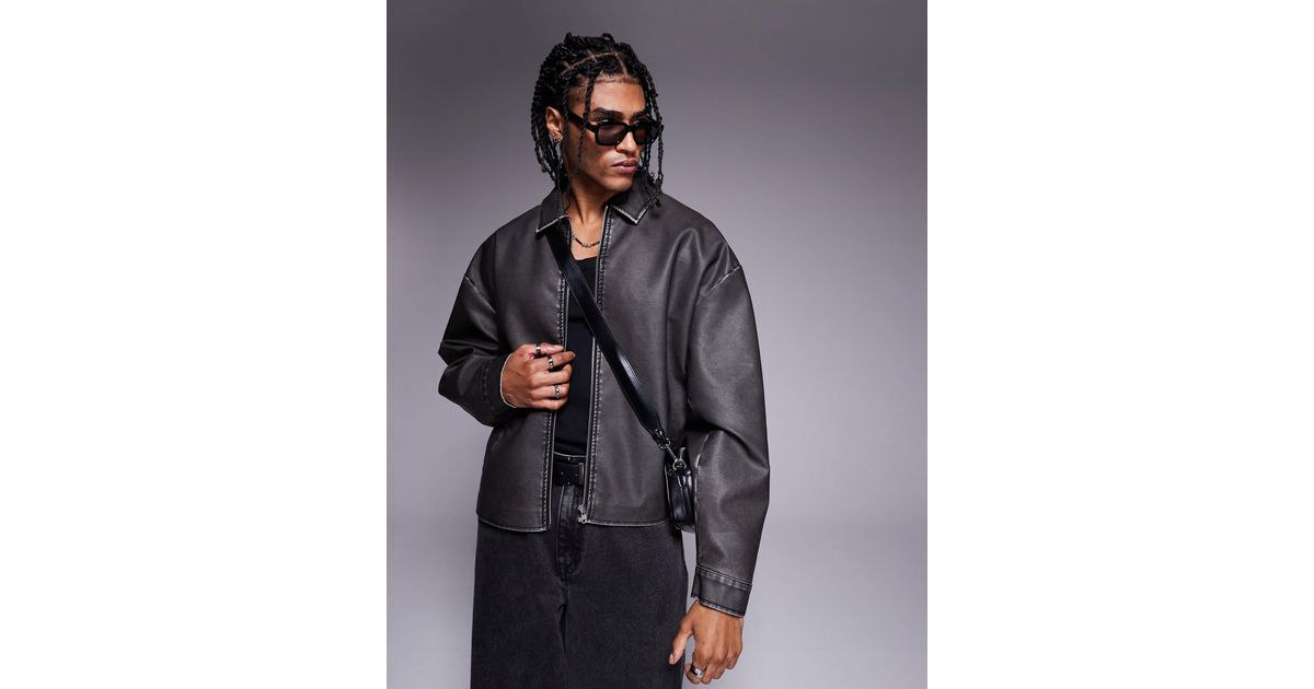 ASOS Oversized Boxy Harrington Faux Leather Jacket in Gray for Men | Lyst