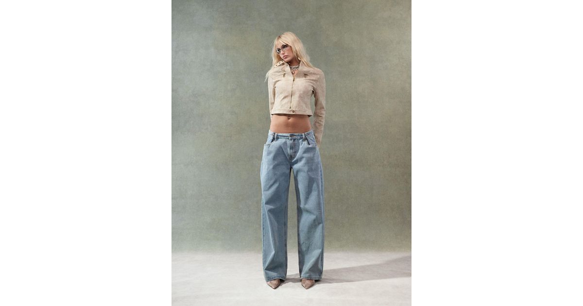 Lioness Low Rise Adjustable Waist Wide Leg Jeans in Green | Lyst