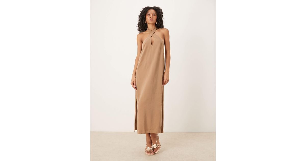 ASOS Cross Neck Column Midi Dress With Side Splits in Natural | Lyst