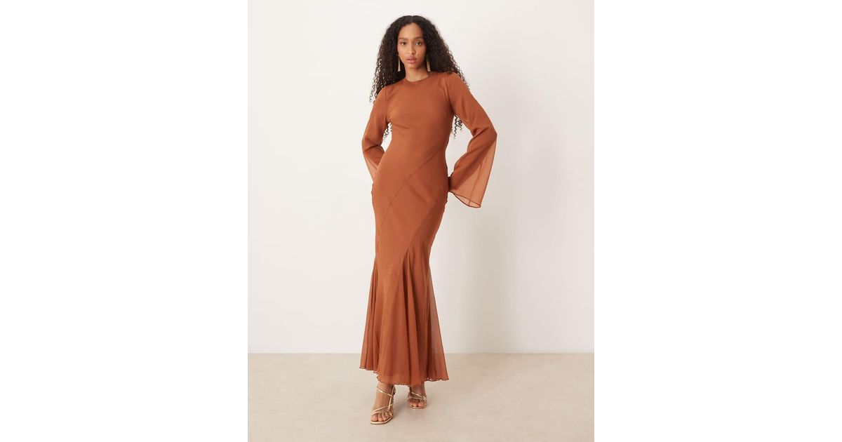 ASOS Flare Sleeve Maxi Dress in Brown | Lyst UK