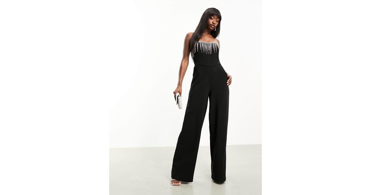 ASOS Corset Jumpsuit With Diamante Fringe Detail in Black | Lyst