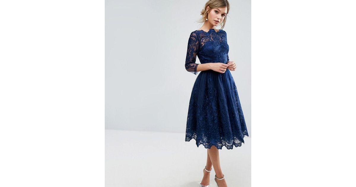 Chi Chi London Premium Lace Midi Dress With 3/4 Length Sleeve in Blue ... Chi Chi London Premium Lace Midi Dress With 3/4 Length Sleeve in Blue ...