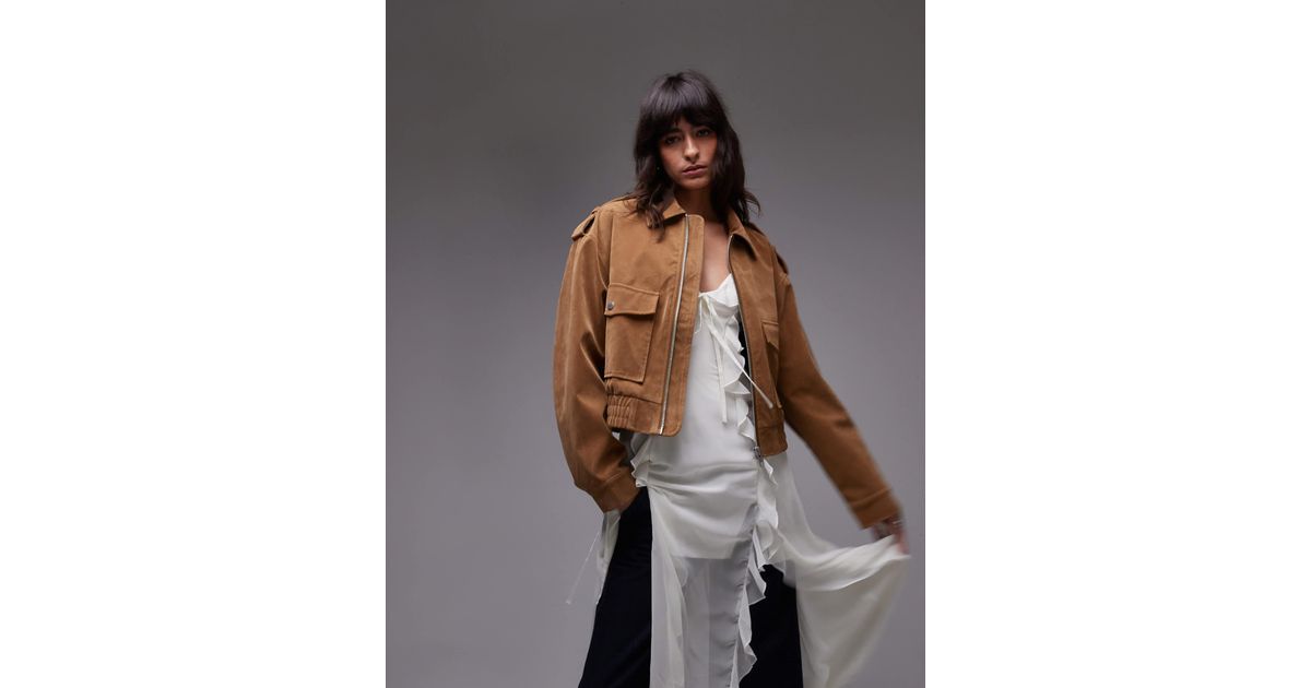 TOPSHOP Cropped Faux Suede Bomber Jacket With Snap Details in Gray | Lyst