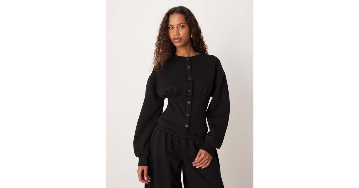ASOS Cinched Sweat Button Through Top in Black | Lyst UK