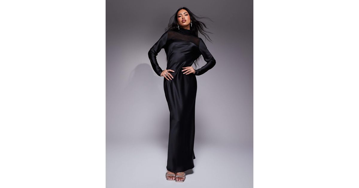 DASKA High Neck Satin Dress With Sheer Details in Black | Lyst