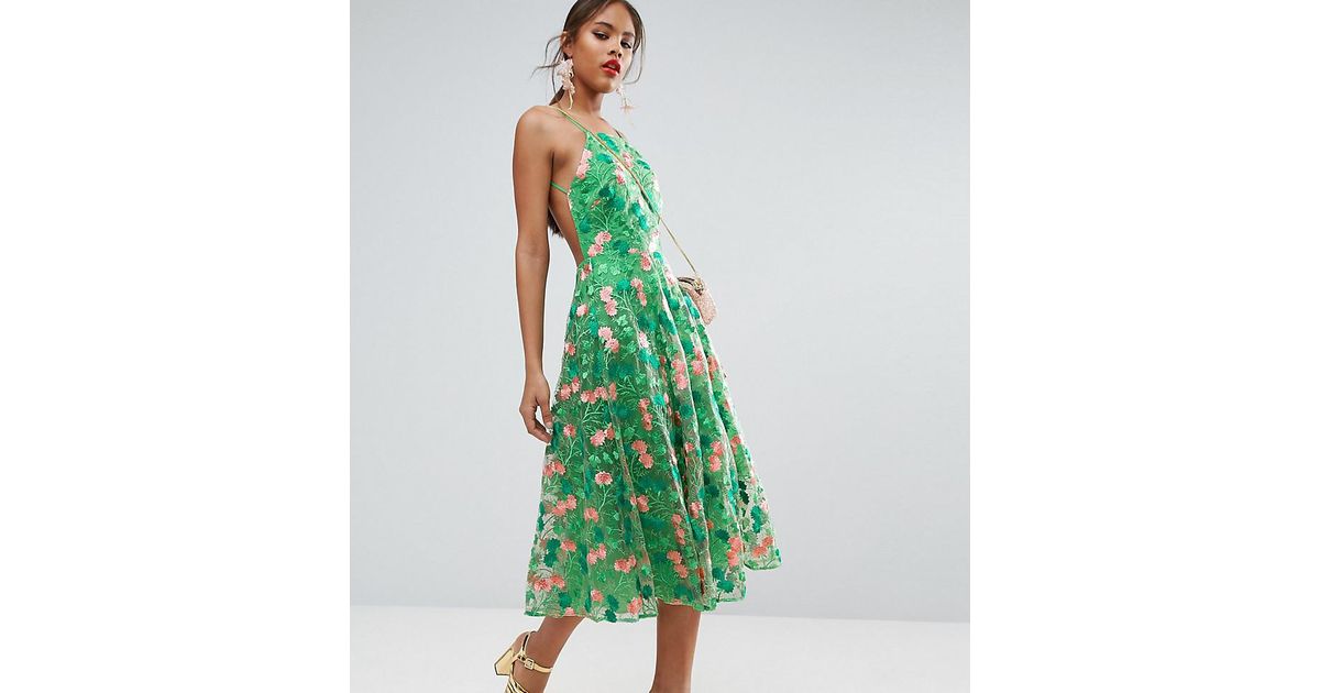 ASOS Salon Floral Embroidered Backless Pinny Midi Prom Dress in Green ...
