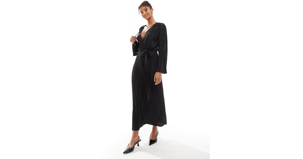 ASOS Plisse Wrap Tie Front Midi Dress With Wide Sleeve in Black | Lyst