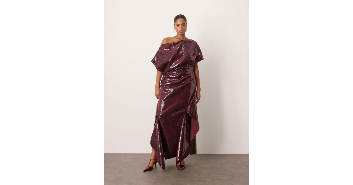 ARRANGE Curve Sequin Draped Bodice Square Cut Hem Midi Dress in Red | Lyst