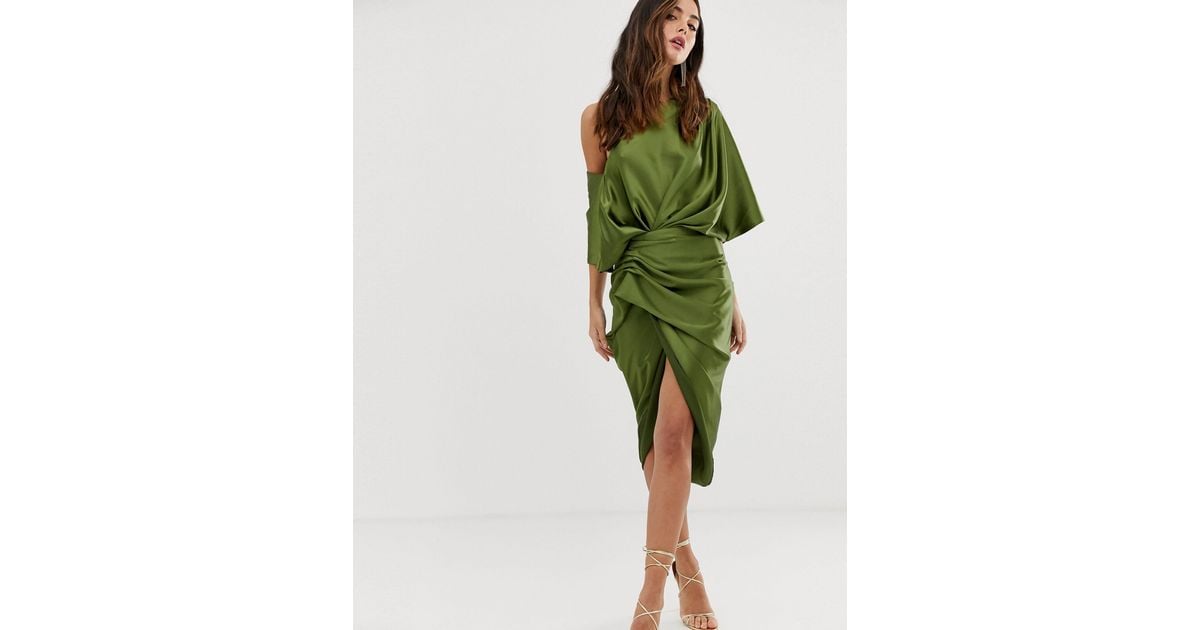 ASOS Drape Asymmetric Midi Dress in Green | Lyst