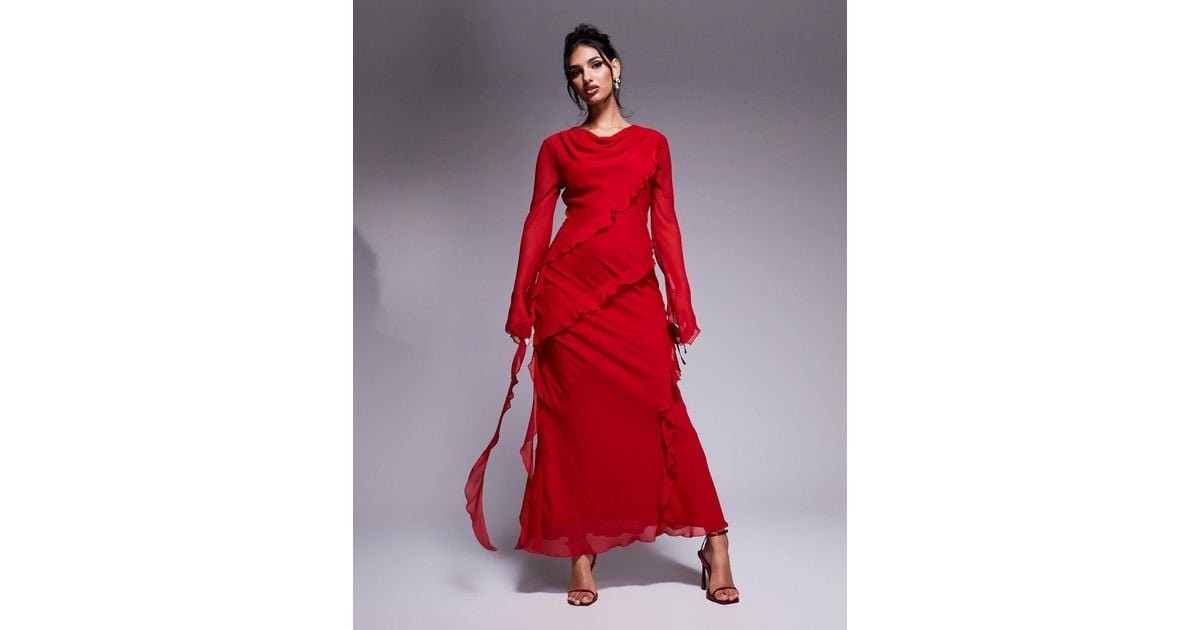 DASKA Chiffon Maxi Dress With Frill Details in Red | Lyst