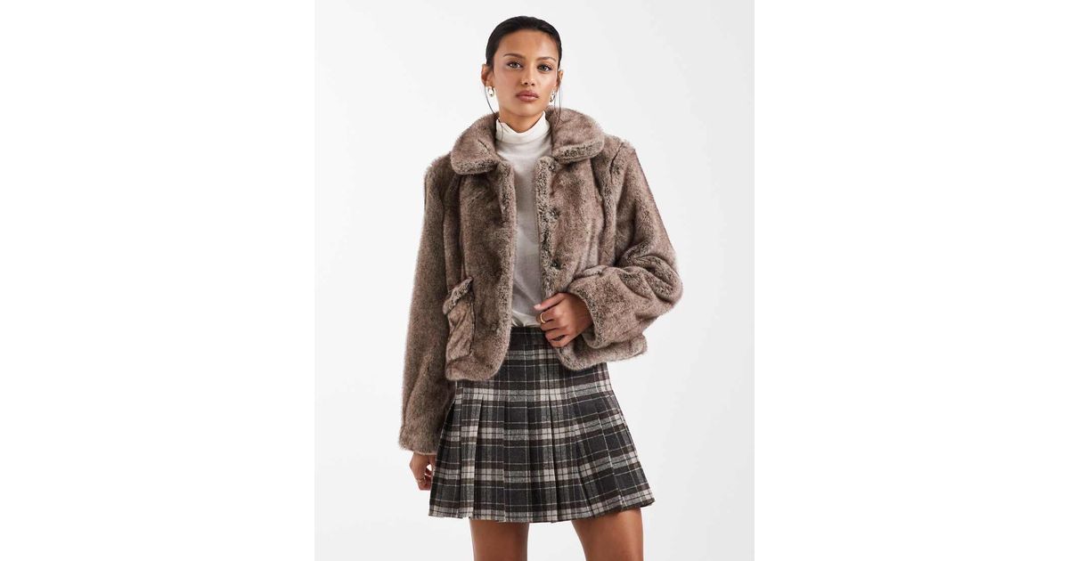 Object Premium Super Soft Faux Fur Cropped Jacket in Brown | Lyst UK