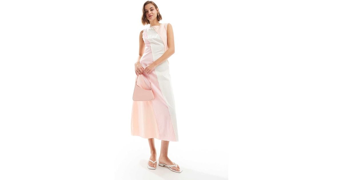 ASOS Aline Contrast Panel Denim-Look Midi With Raw Hem in Pink | Lyst