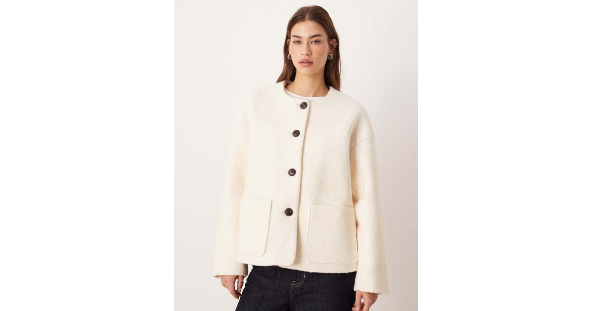 Aware Premium Wool Mix Textured Button Front Cropped Jacket in Natural ...