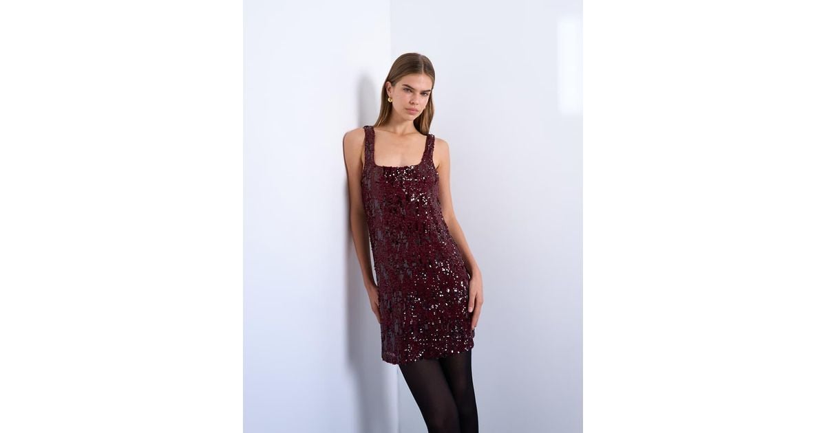 TOPSHOP Sequin Scoop Neck Mini Dress in Red | Lyst UK