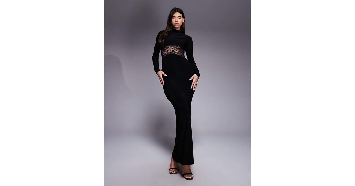 ASOS High Neck Long Sleeve Maxi Dress With Lace Panel in Blue | Lyst UK