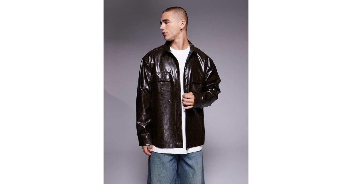 ASOS Faux Leather Overshirt in Black for Men | Lyst UK