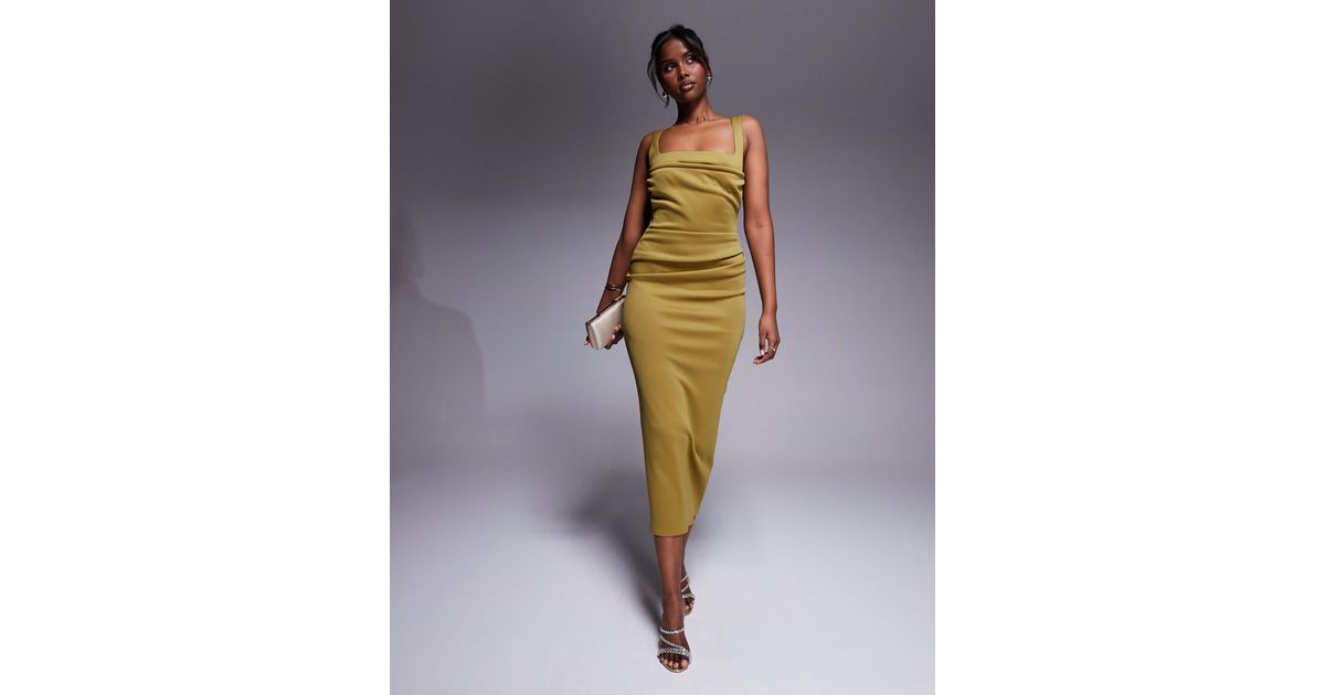 ASOS Curved Neckline Midi Dress With Split in Gray | Lyst
