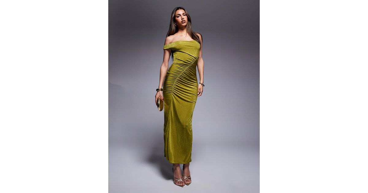 ASOS Fallen Shoulder With Ruching Maxi Dress in Green | Lyst