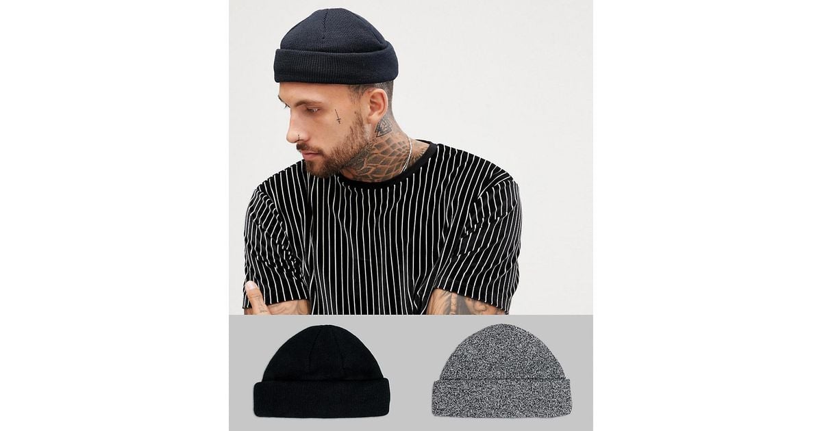 ASOS Mini Fisherman Beanie 2 Pack In Black & Twist Recycled Polyester ...