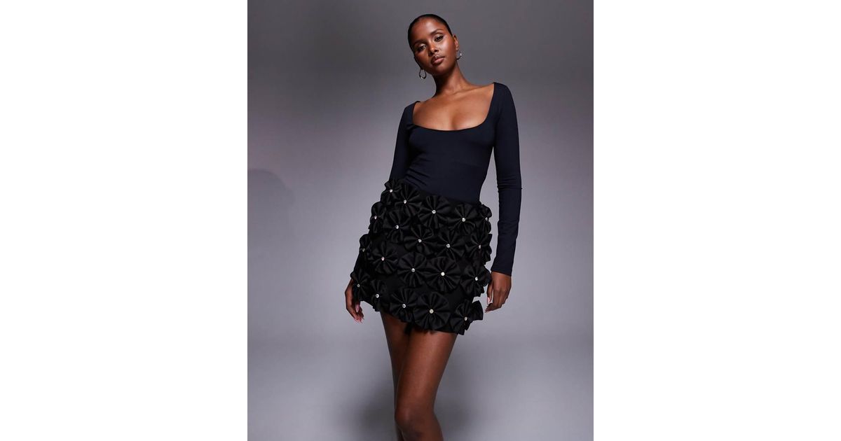River Island 3D Flower A Line Mini Skirt in Black | Lyst UK