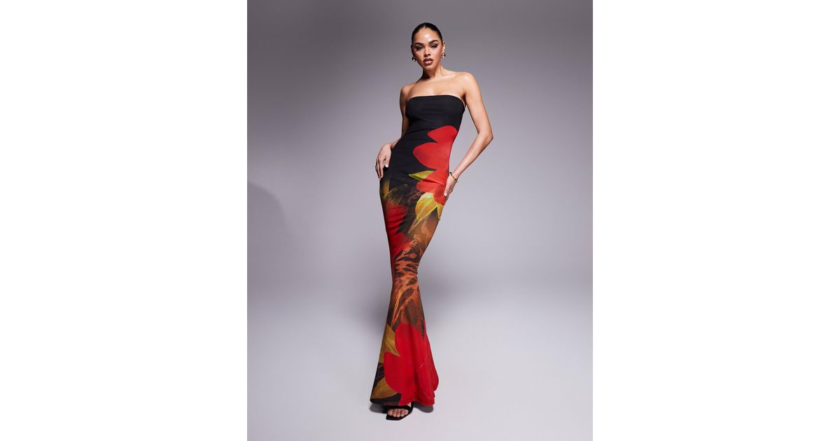 Murci Exclusive Bandeau Fishtail Maxi Dress in Red | Lyst