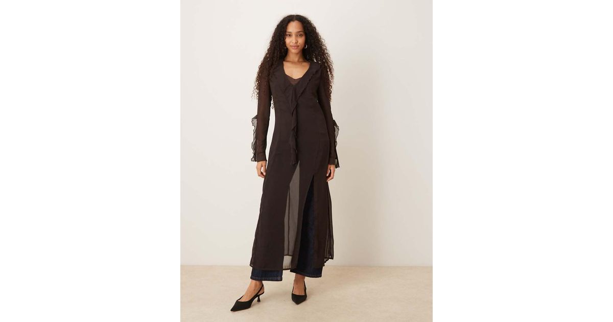 Glamorous Ruffle Neck Maxi Dress in Brown | Lyst UK