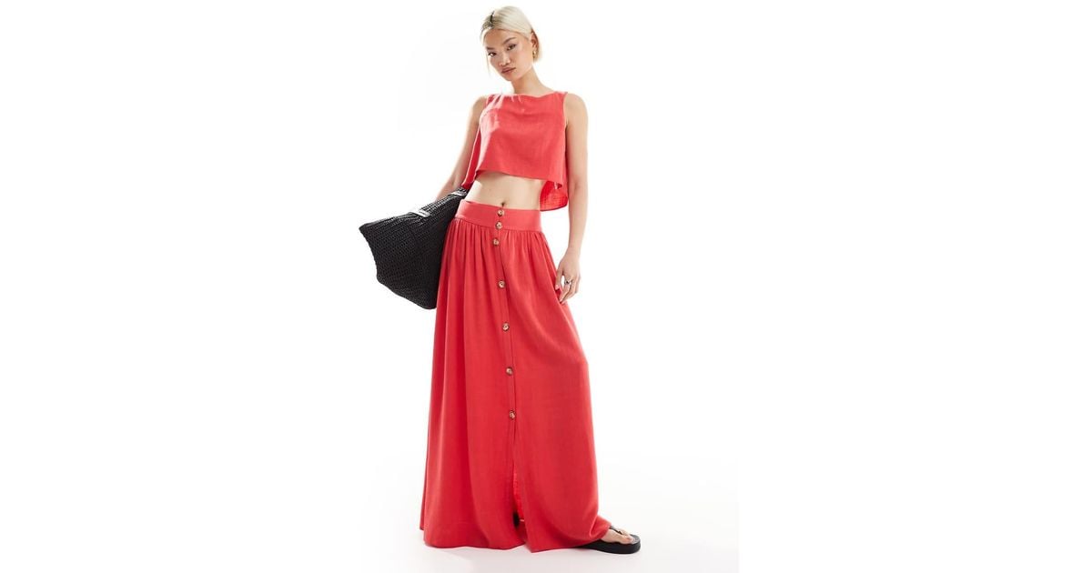 ASOS Co-Ord Linen Maxi Skirt With Button Front Detail in Red | Lyst UK