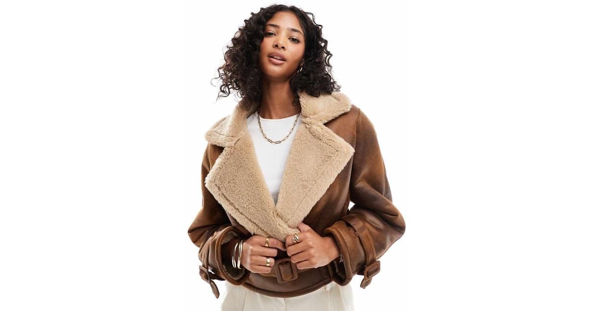 Bershka Belted Suede And Shearling Jacket in Brown | Lyst UK