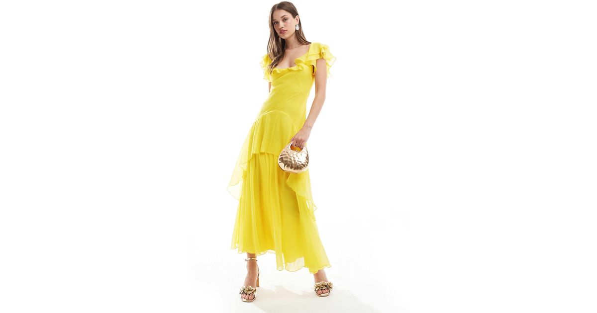 ASOS Ruffle Midi Dress With Flutter Sleeves in Yellow | Lyst