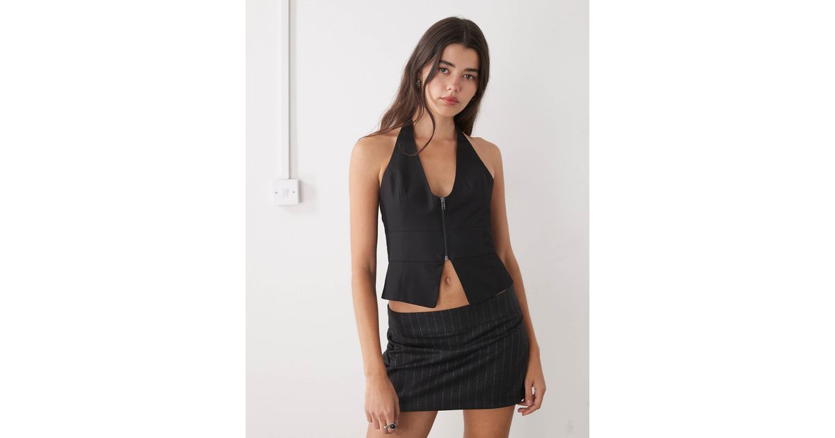 Monki Halter Neck Open Back Zip Front Vest in Black | Lyst