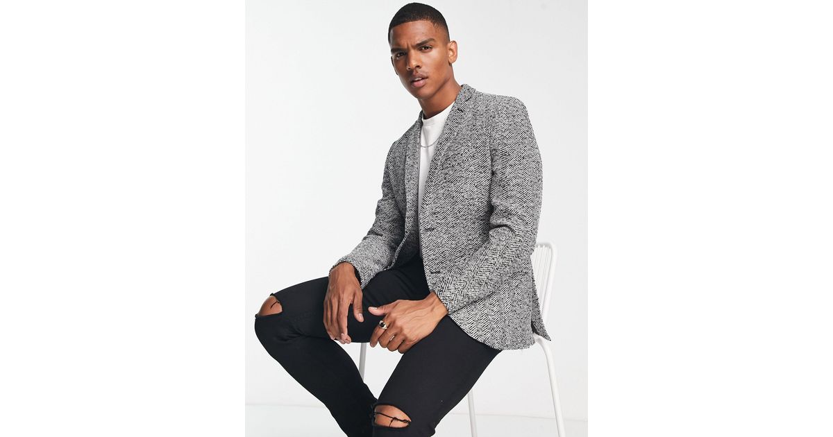 French Connection Tweed Herringbone Blazer in Grey for Men | Lyst UK