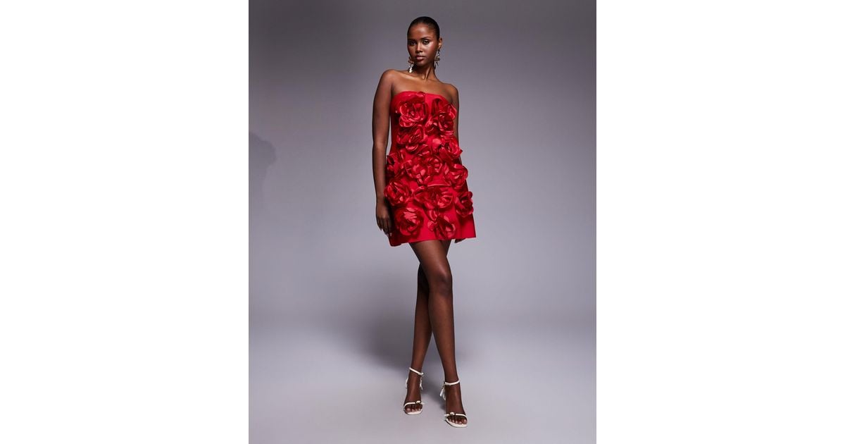 River Island Corsage Detail Bandeau Mini Dress in Red | Lyst