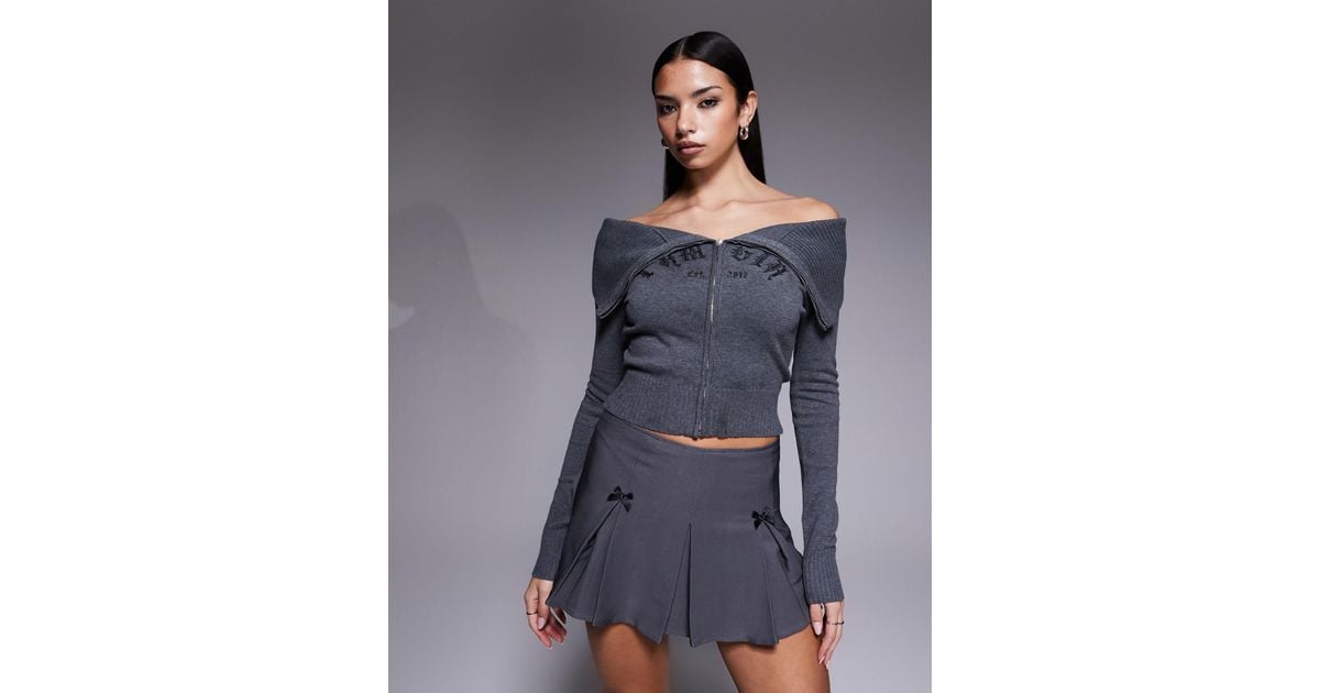 I.AM.GIA Ribbed Trim Foldover Bardot Logo Detail Zip Up Sweater in Gray ...