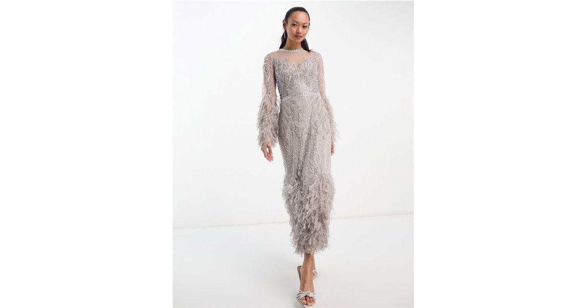 ASOS Pearl And Sequin Long Sleeve Midi Dress With Faux Feather Hem in Black | Lyst