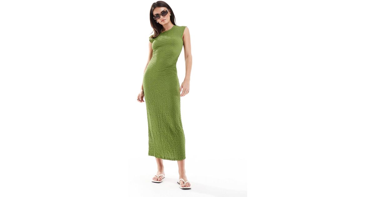 Mango Cap Sleeve Texture Midi Dress in Green | Lyst