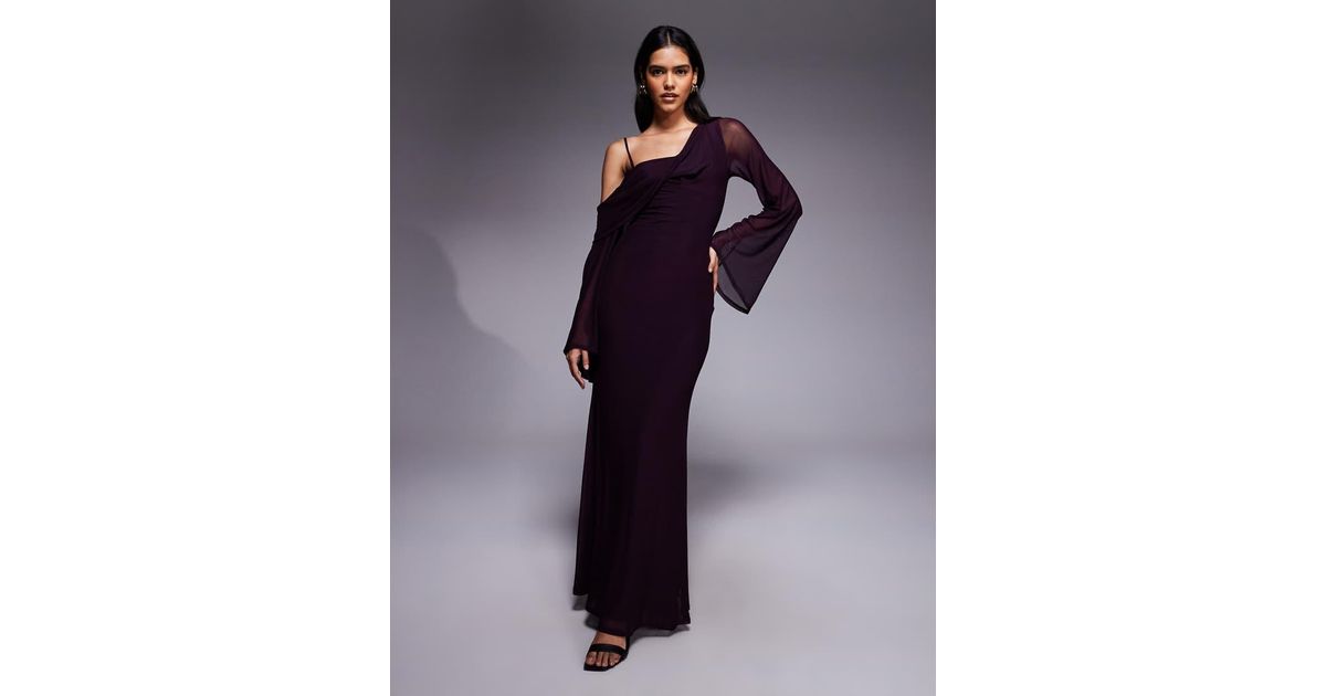 ASOS Mesh Folded Neckline Midi Dress With Fallen Shoulder in Blue | Lyst UK