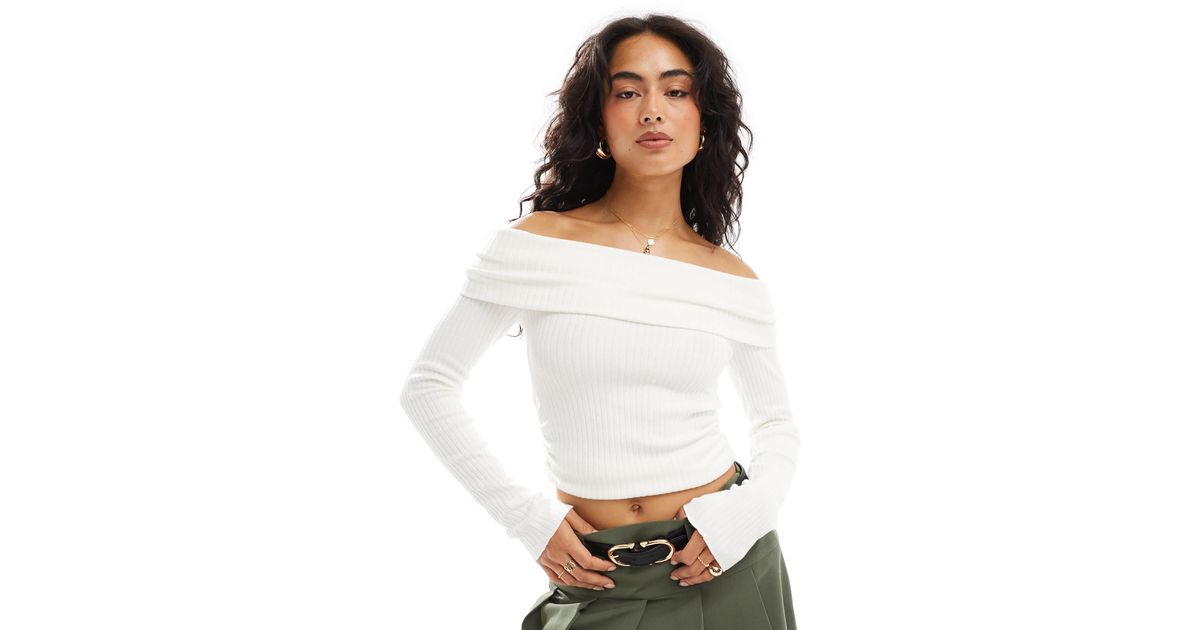 Bershka Ribbed Bardot Top in White | Lyst