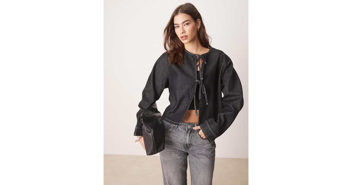 ASOS Tie Front Denim Top With Long Sleeve With Contrast Stitch in Black ...