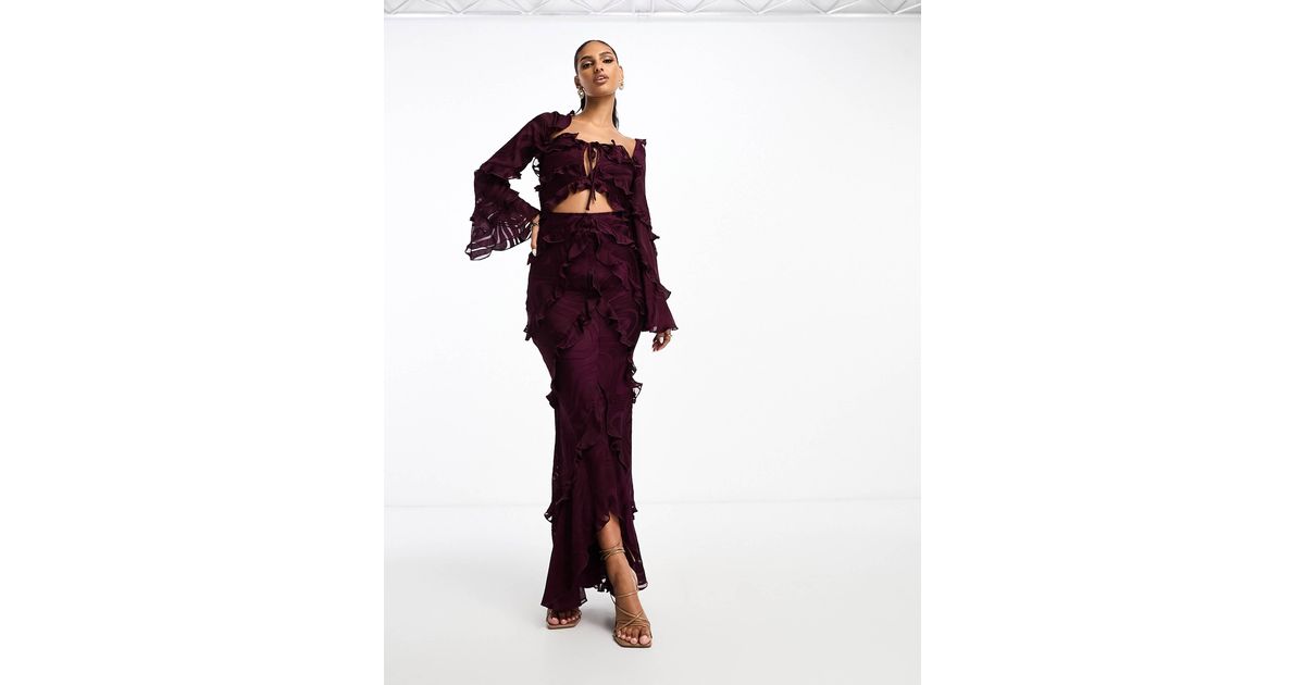 ASOS Milkmaid Ruffle Cut Out Satin Devore Maxi Dress With Flare Sleeve ...