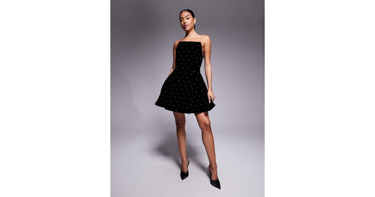 ASOS Quilted Velvet Mini Dress With Diamante Details in Black | Lyst