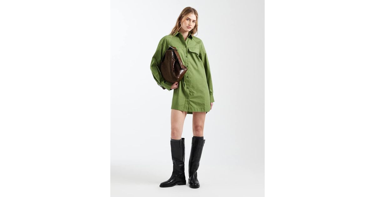 ASOS Long Sleeve Mini Shirt Dress With Front Pockets in Green | Lyst UK