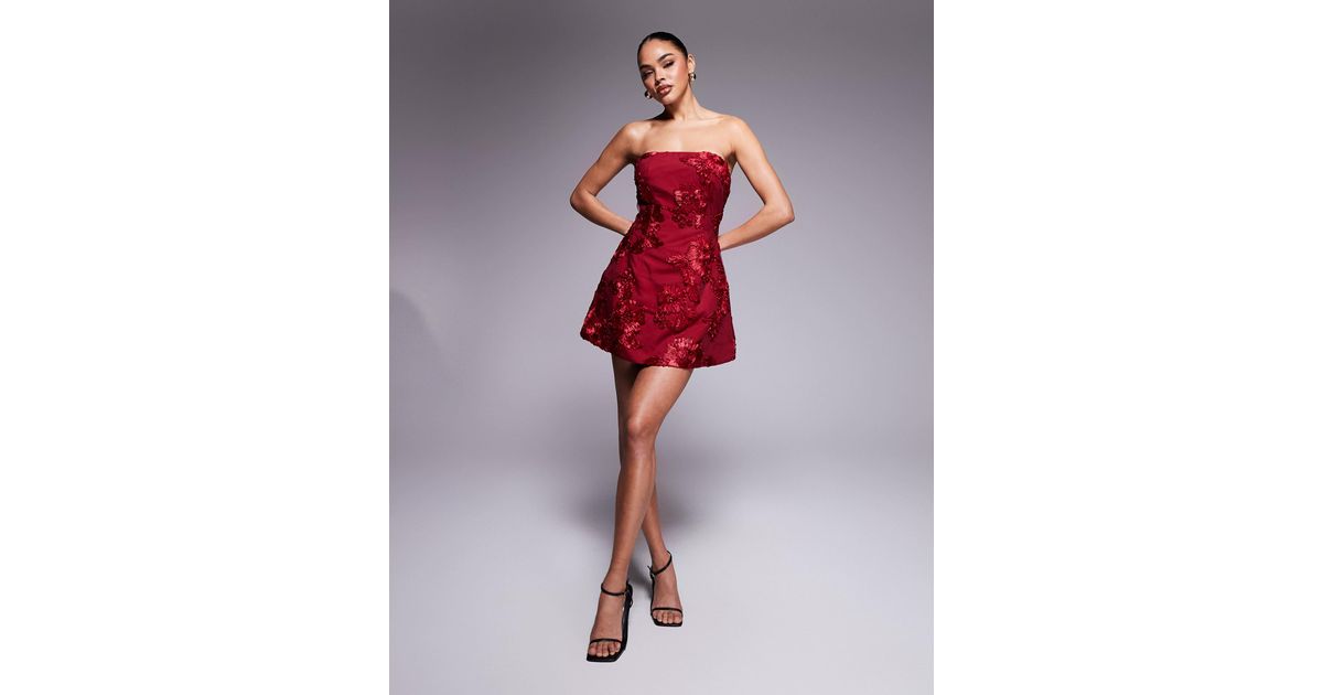 Murci Exclusive Flower Applique Structu Bandeau Mini Dress in Red | Lyst