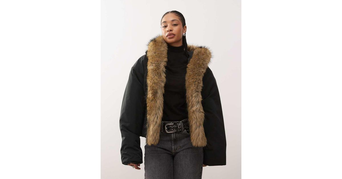 Weekday Oversized Faux Fur Jacket With Hood in Brown | Lyst UK