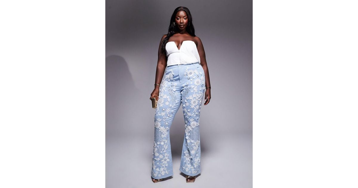 ASOS Curve White Jewel Embellished Denim Flared Jeans in Blue | Lyst